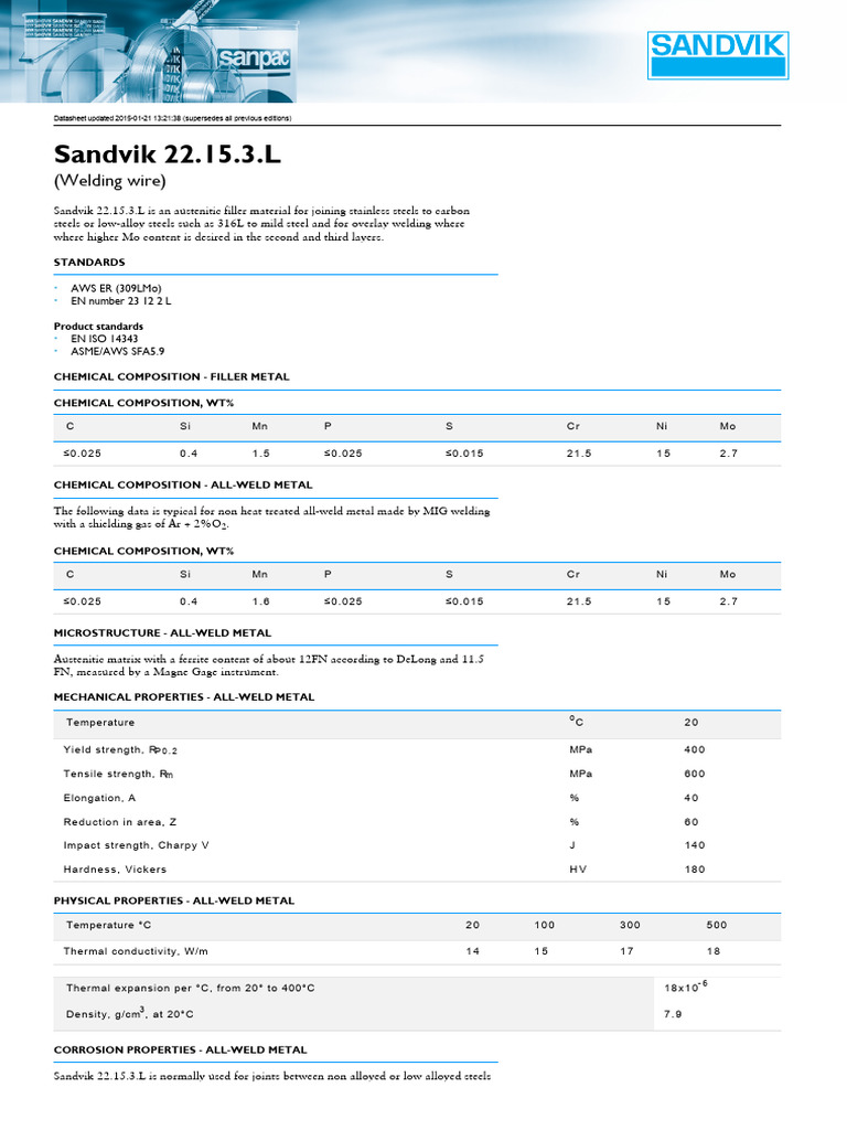 Sandvik 22.15.3.L: (Welding Wire) | PDF | Welding | Construction