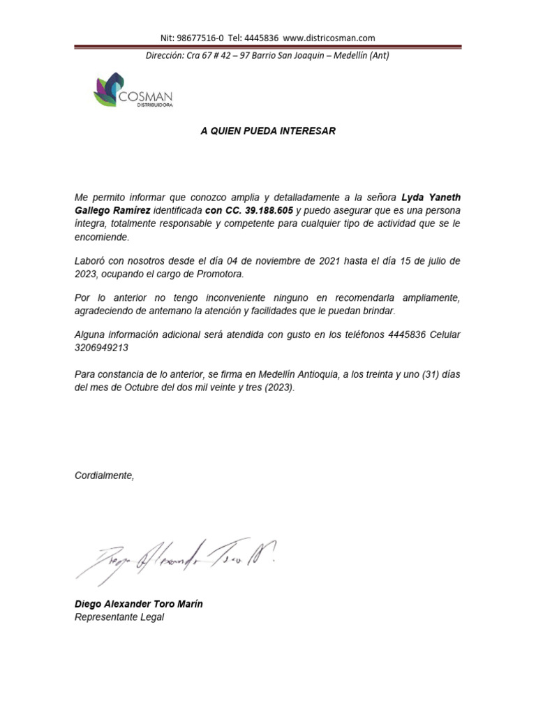 Recomendación Laboral para Lyda Gallego | PDF