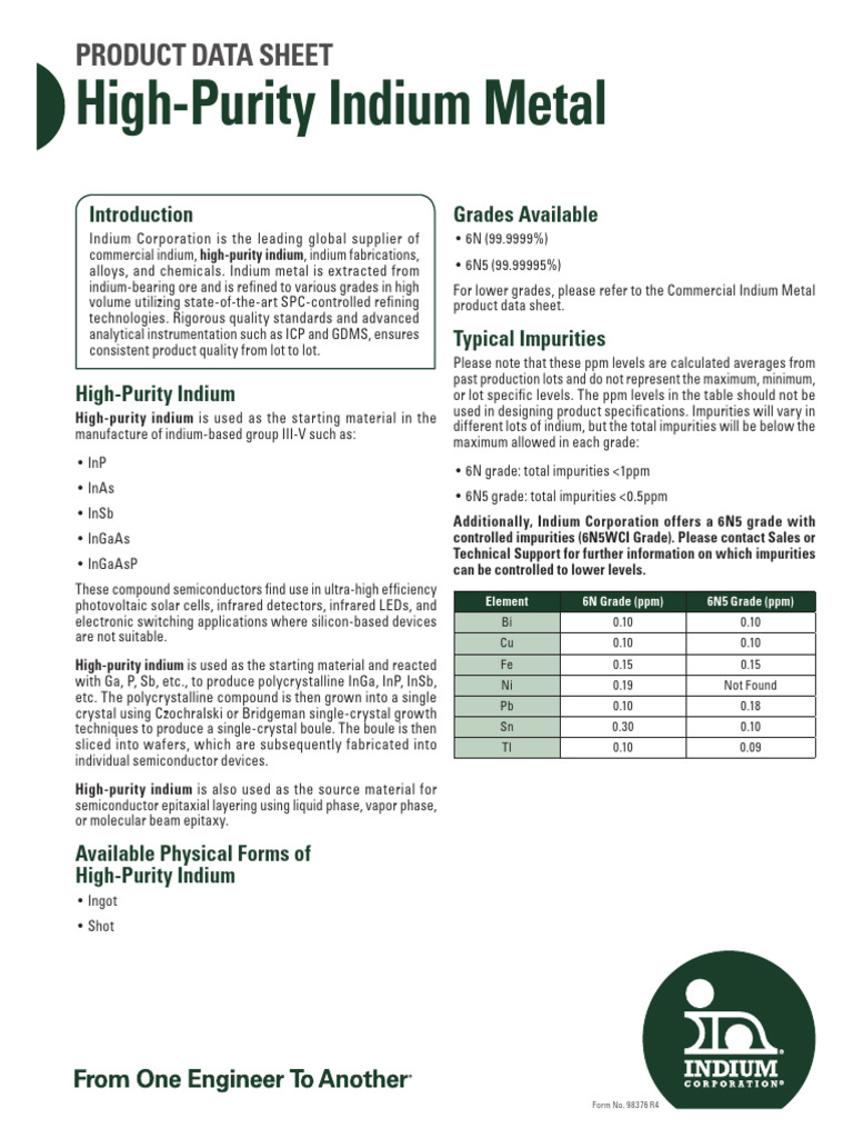 Highpurity Indium Metal 98376 r4 231028 112544 | PDF | Metals ...