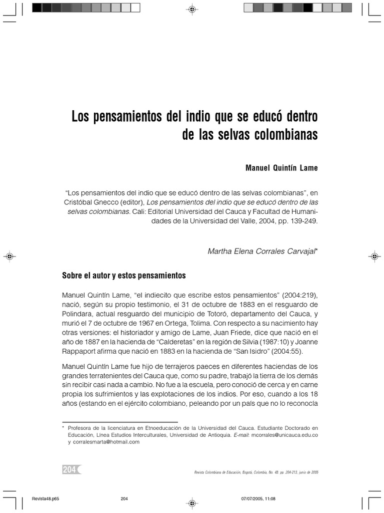 Pensamientos de Manuel Quintín Lame | PDF | Colombia | Conocimiento