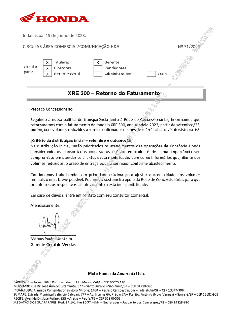 Circular 71 - 2023 - XRE 300 - Retorno Do Faturamento | PDF