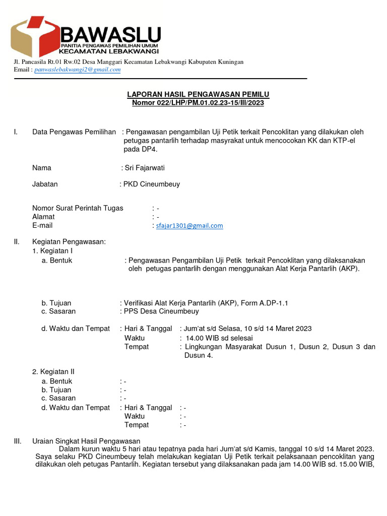 Laporan Hasil Pengawasan Pemilu Nomor 022/LHP/PM.01.02.23-15/III/2023 | PDF