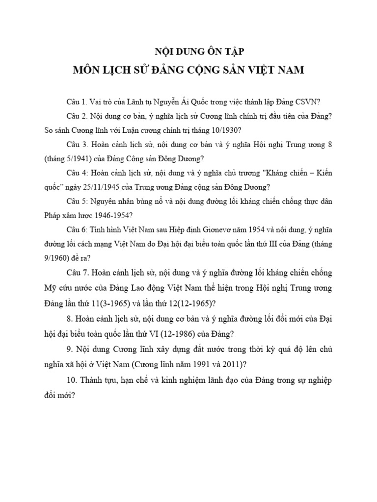Nội dung ôn tập môn Lịch sử Đảng CSVN | PDF