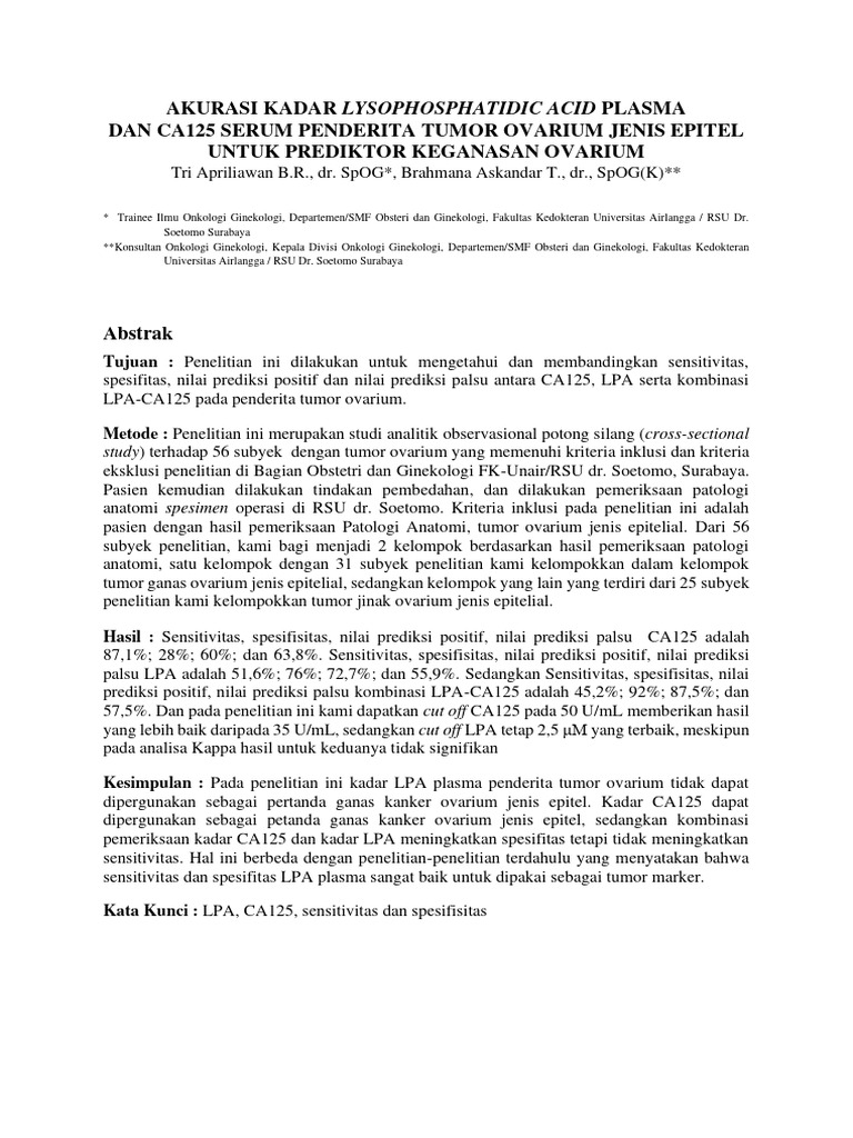 Akurasi Kadar Lysophosphatidic Acid Plasma Dan CA125 Serum Penderita Tumor Ovarium Jenis Epitel ...