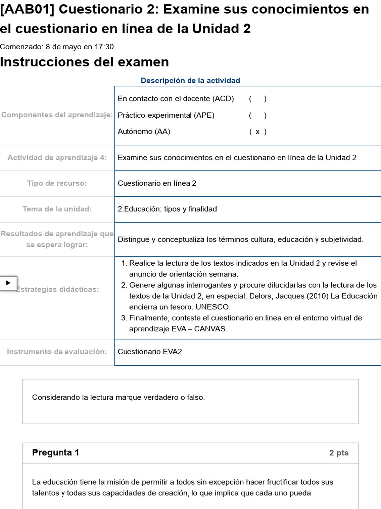 Examen - (AAB01) Cuestionario 2 - Examine Sus Conocimientos en El Cuestionario en Línea de La ...