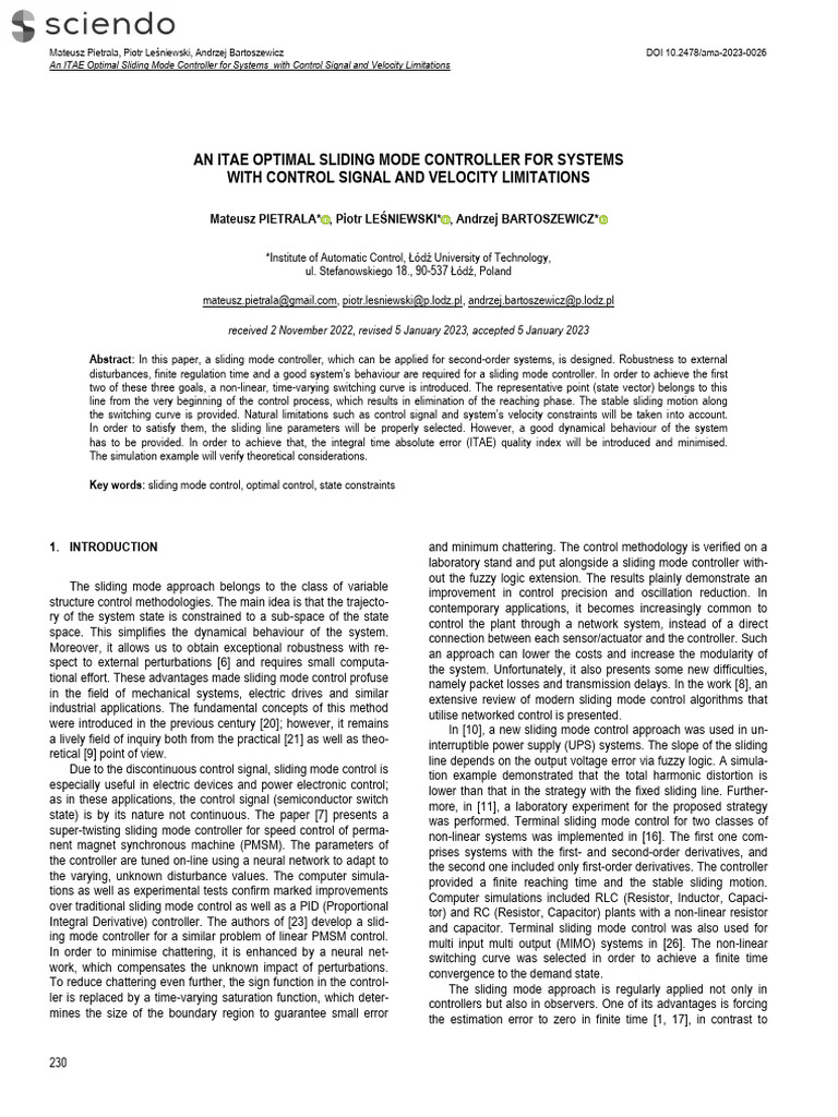 An Itae Optimal Sliding Mode Controller For Systems With Control Signal and Velocity Limitations ...