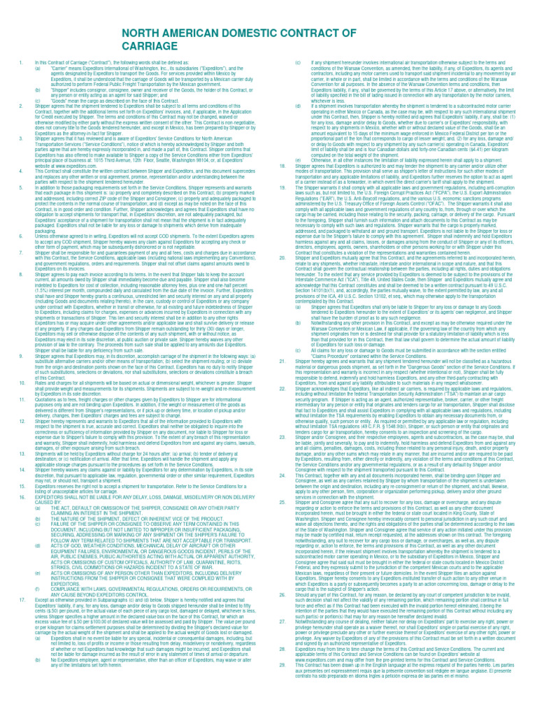 Contract of Carriage North America | PDF | Cargo | Indemnity