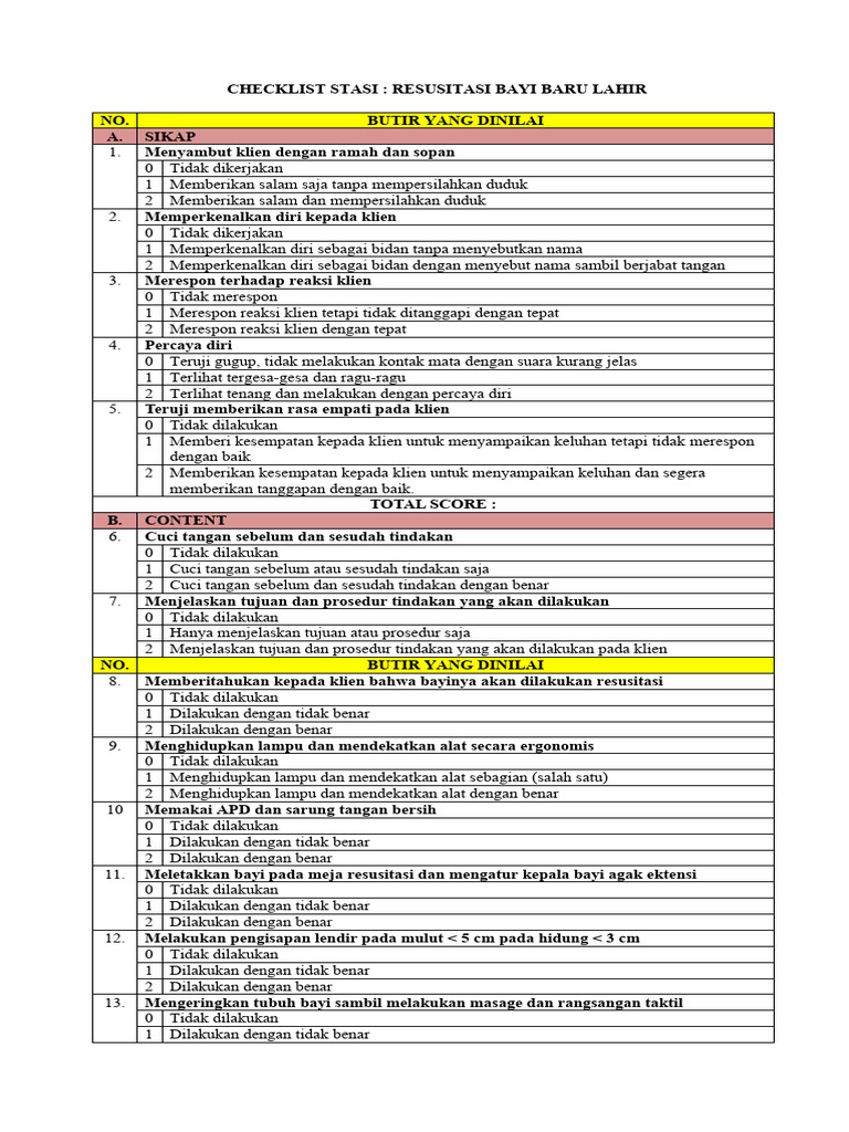 Checklist Resusitasi Bayi Baru Lahir | PDF | Karier & Perkembangan | Kesehatan Holistik