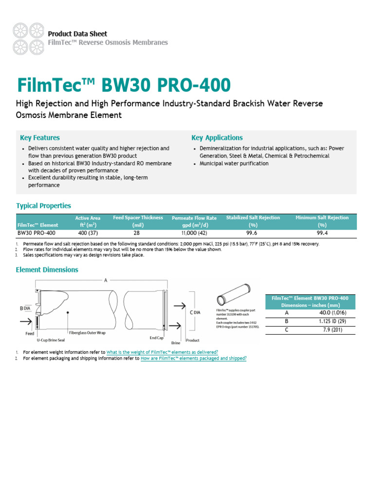 Data Sheet - BW30-PRO-400 | PDF | Membrane | Chemical Engineering