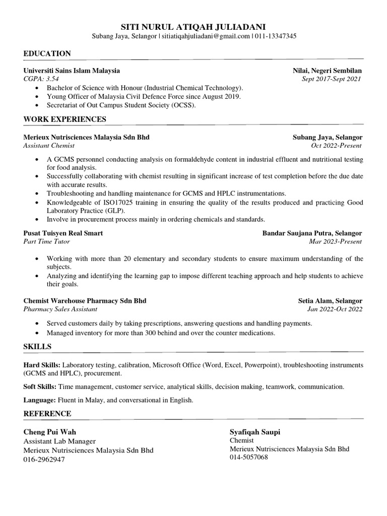 Resume - Siti Nurul Atiqah (4) - 1 | PDF | Chemist | Cognition