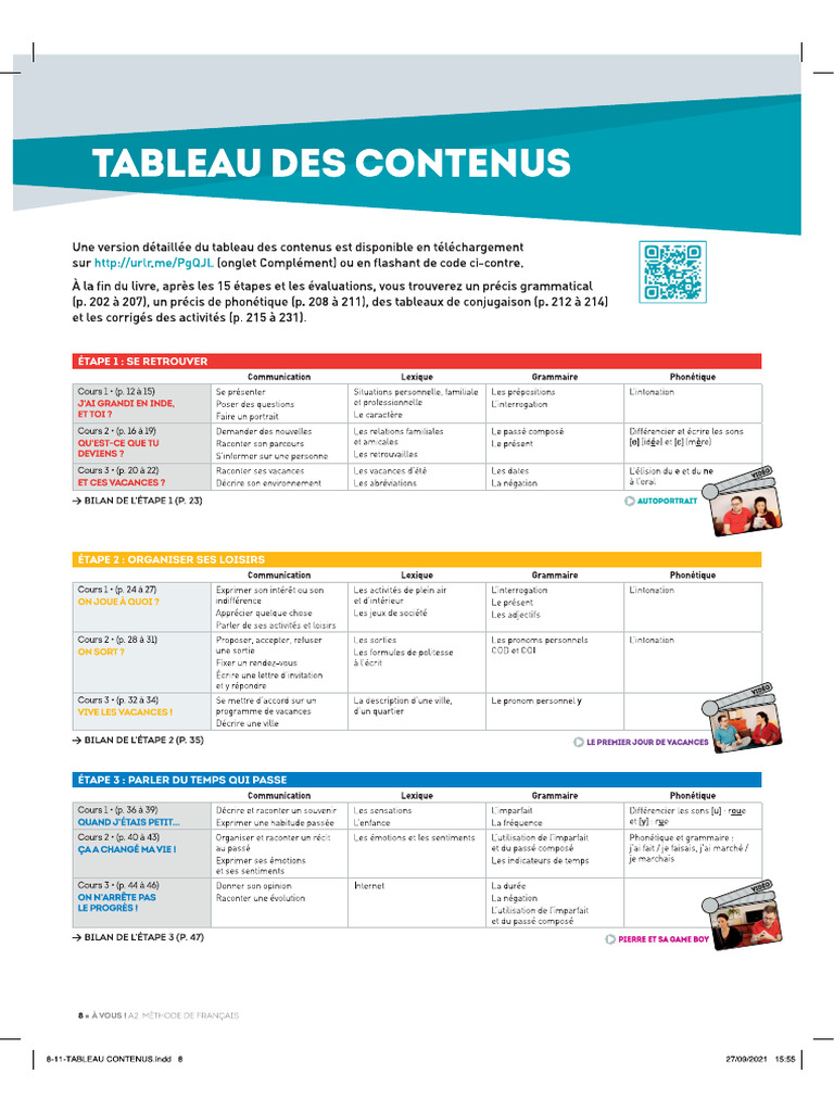 A Vous A2 - Tableau Contenus | PDF