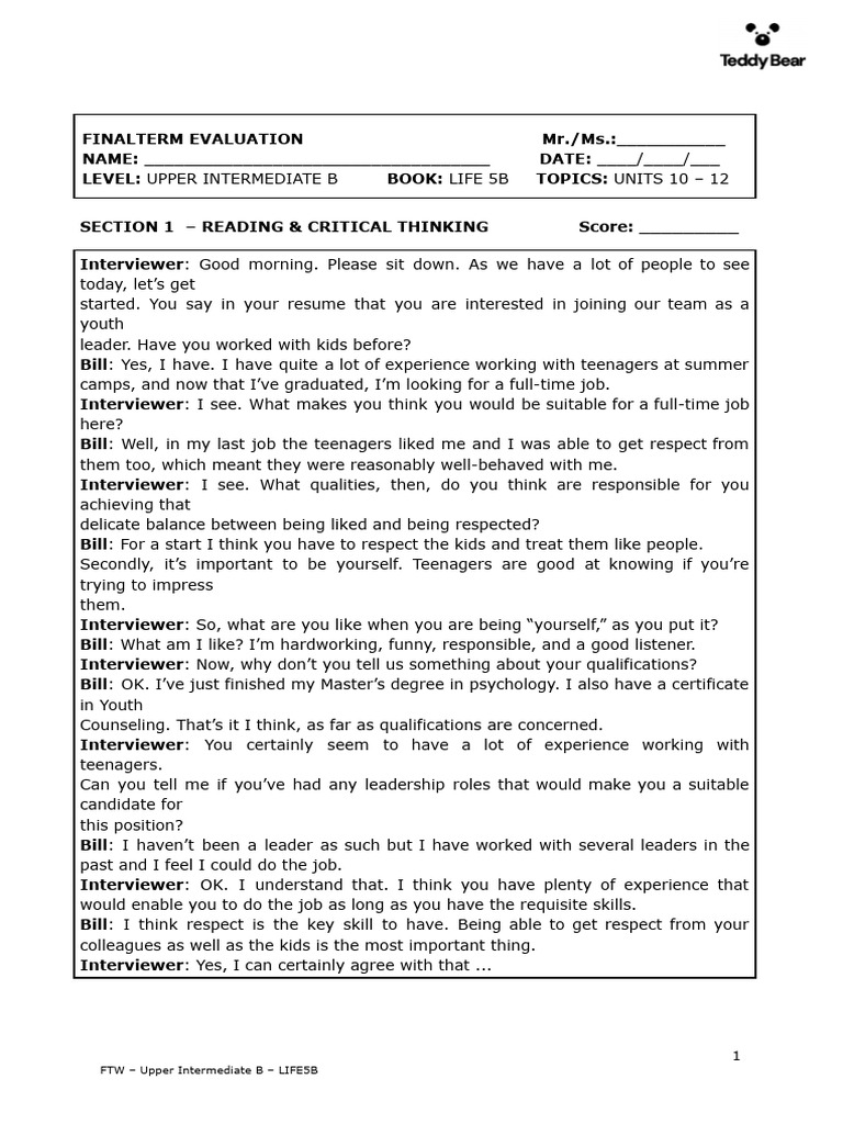 FTW - Upper Intermediate B - LIFE5B | PDF | Leadership | Experience