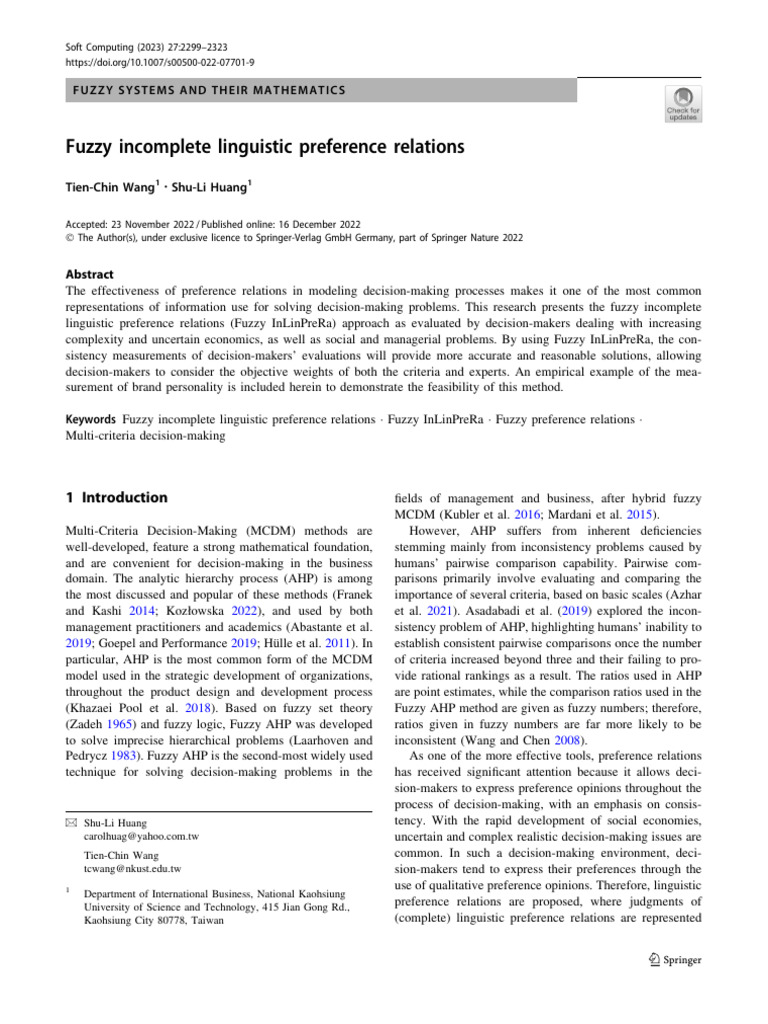 Fuzzy Incomplete Linguistic Preference Relations | PDF | Fuzzy Logic | Decision Making