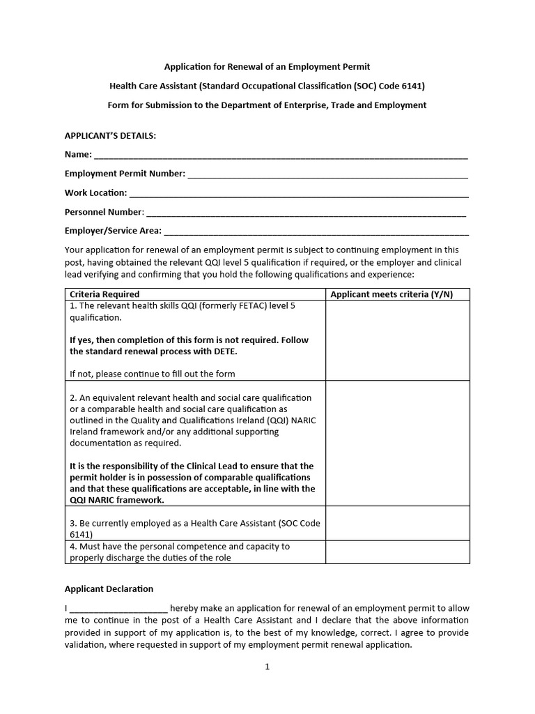 HCA Employment Permit Renewal Application | PDF | Employment | Social Work