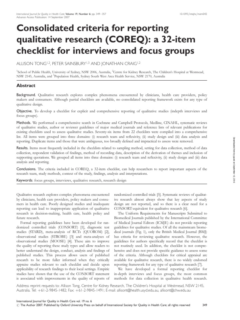 COREQ 32 Item Checklist | PDF | Focus Group | Qualitative Research
