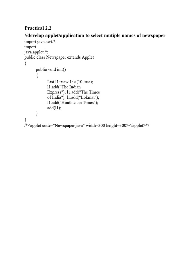 Practical 2.2 //develop Applet/application To Select Mutiple Names of Newspaper | PDF | Computers