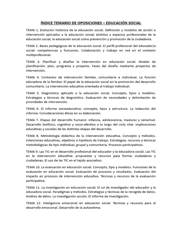 Índice Temario de Oposiciones | PDF | Evaluación | Aprendizaje