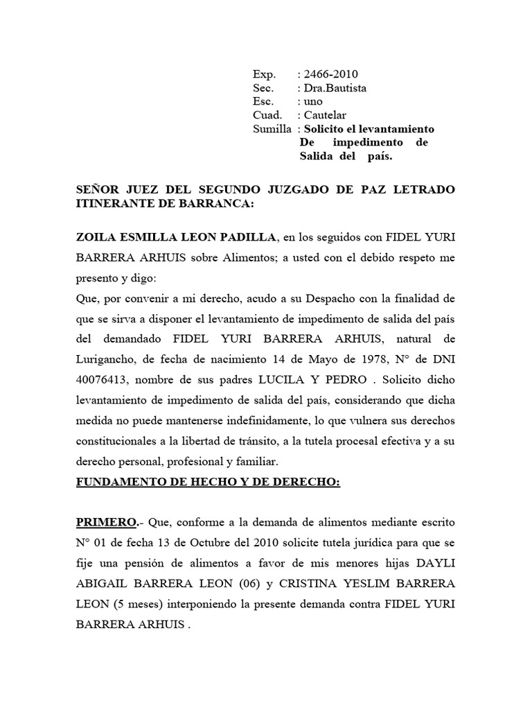Escrito Levantamiento De Impedimento De Salida Del Pais Descargar
