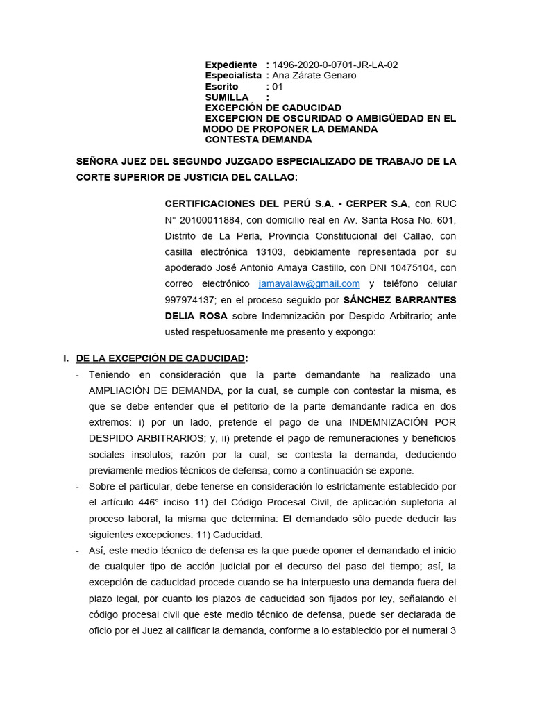 Contestacion Ampliacion de Demanda Delia Sanchez | PDF | Demanda ...