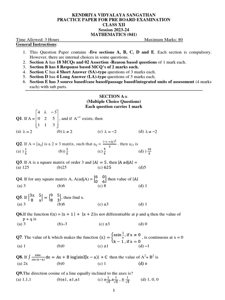 Math XII Preboard | Download Free PDF | Algebra | Mathematical Concepts