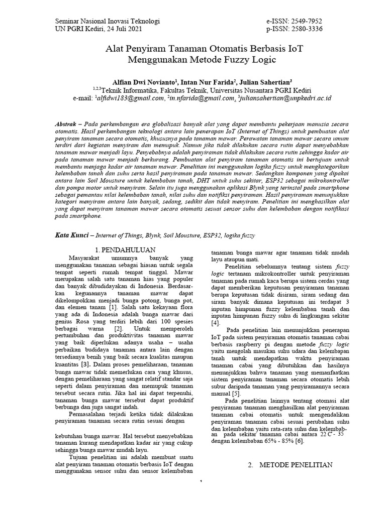 Alat Penyiram Tanaman Otomatis Berbasis Iot Menggunakan Metode Fuzzy ...
