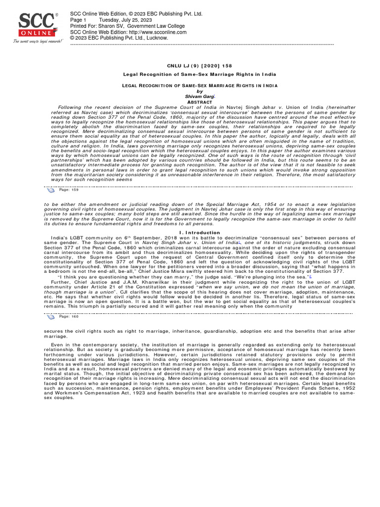 Legal Recognition Of Same Sex Marriage Rights In India Pdf Same Sex 1839