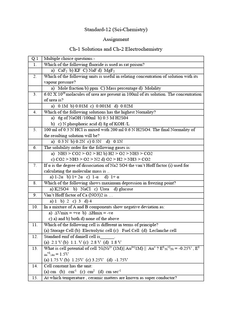 STD 12 - Chemistry - Assignment | PDF | Physical Chemistry | Applied And Interdisciplinary Physics