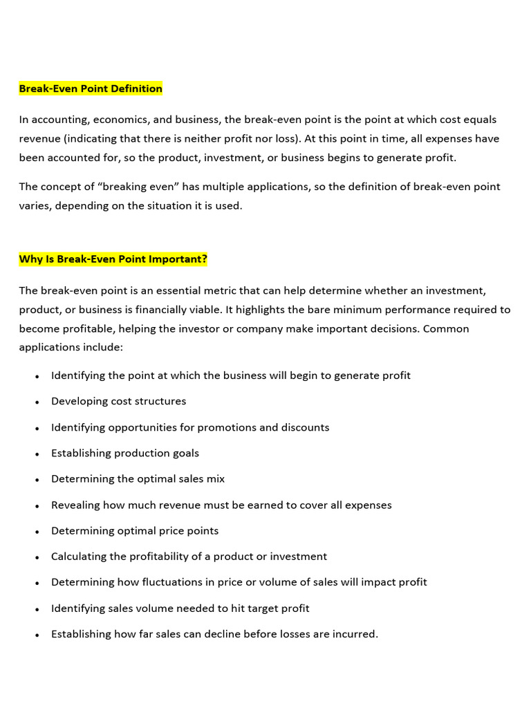Break-Even Point Definition | PDF | Cost | Management Accounting