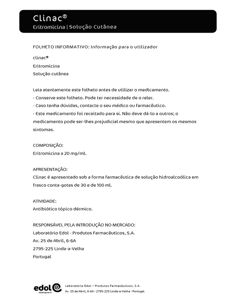 Folheto Informativo Clinac Solucao Cutanea 100ml Eritromicina | PDF ...