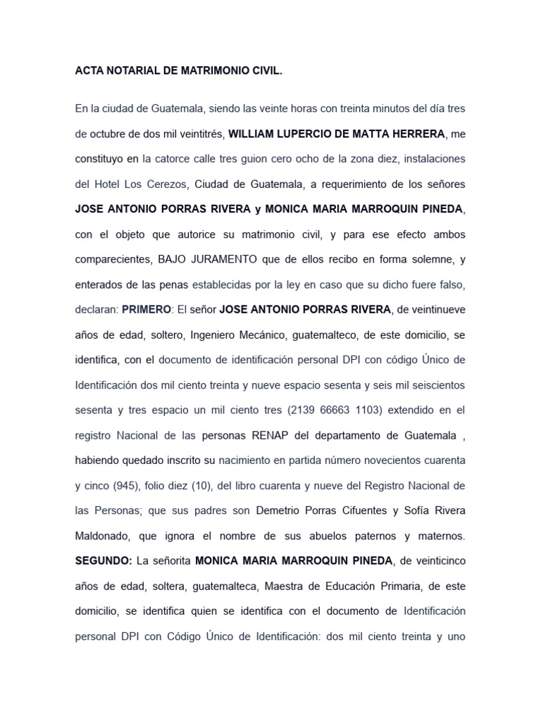 Acta Notarial de Matrimonio Civil | PDF | Matrimonio | Guatemala