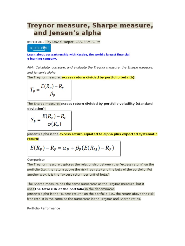 Treynor, Sharpe, and Jensen's Alpha Explained | PDF