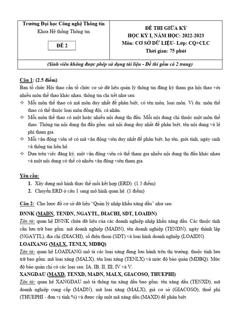 De Thi Giua Ky - CSDL - HK1 - 2022 - 2023 de 2 | PDF