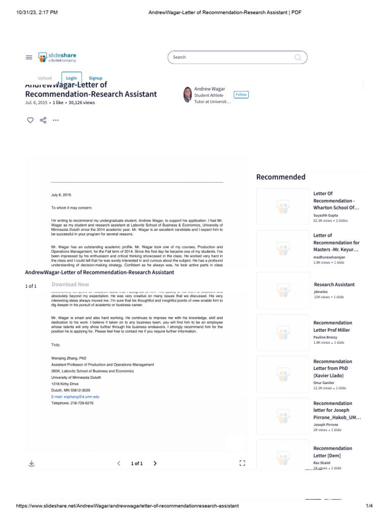 AndrewWagar-Letter of Recommendation-Research Assistant - PDF | PDF | Science | Cognitive Psychology