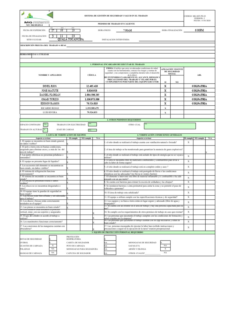 Mg-Sst-Pe-03 Permiso de Trabajo en Caliente | PDF | Soldadura | Construcción