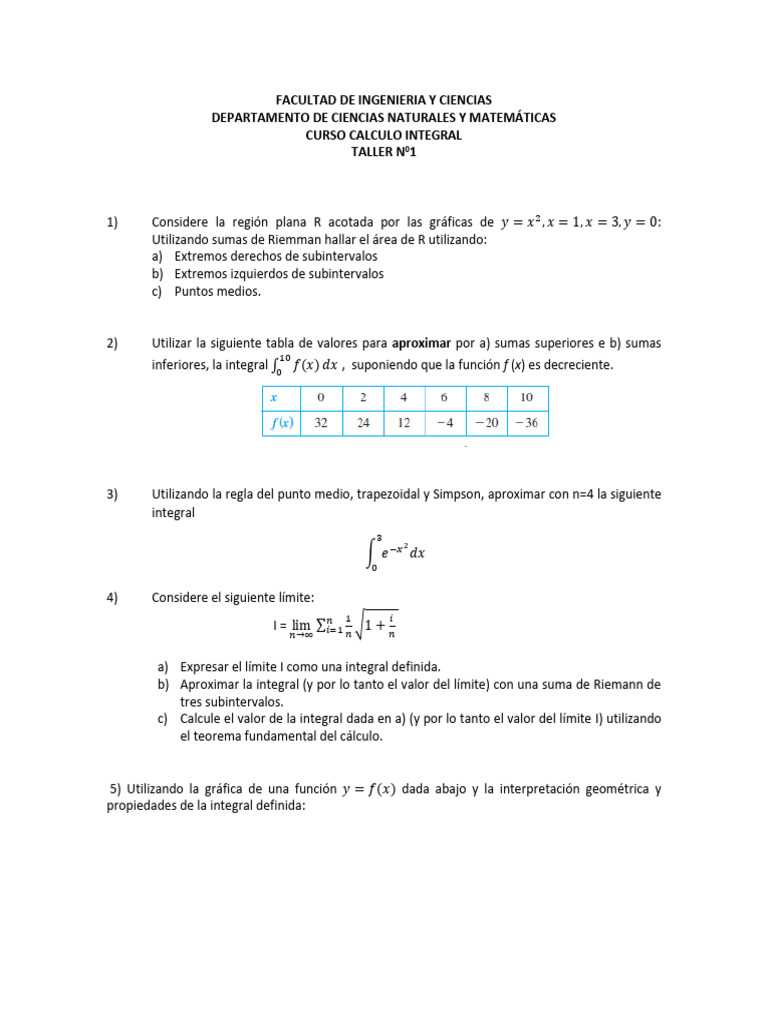 Taller General #1 | PDF | Integral | Matemáticas