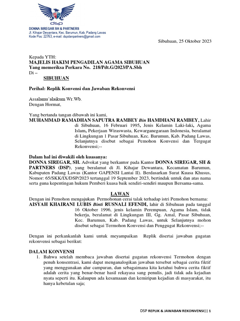 Replik dan Jawaban Rekonvensi Cerai | PDF | Hukum | Kesehatan Holistik