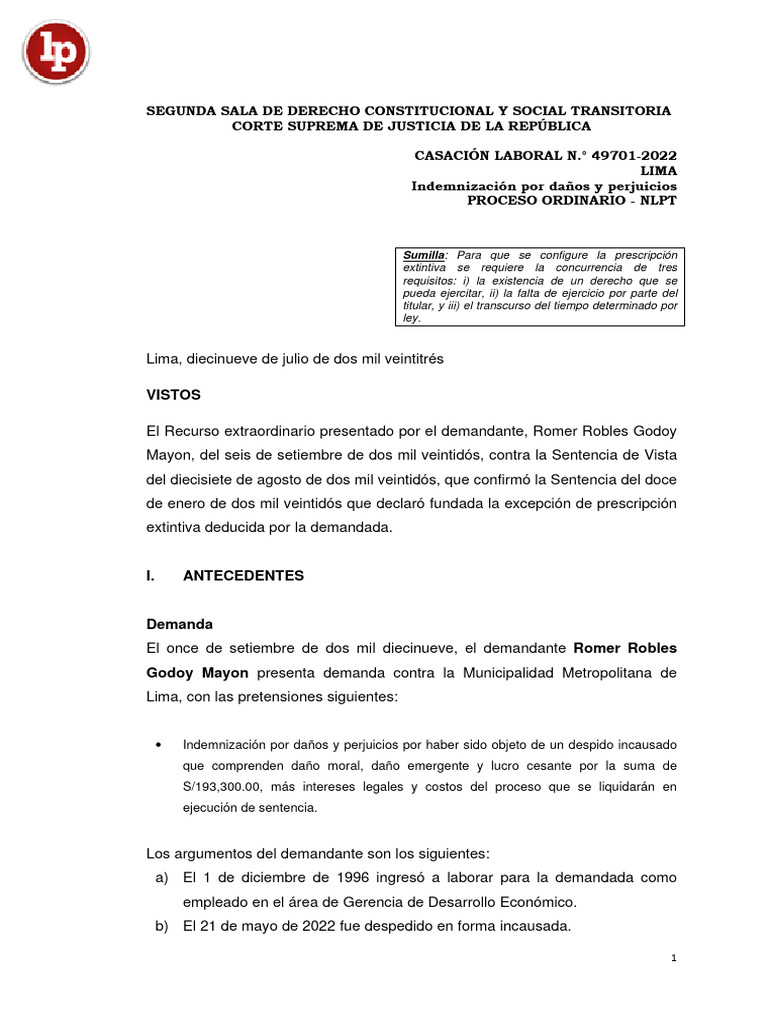 Casacion 49701 2022 Lima LPDerecho | PDF | Estatuto de limitaciones ... Casacion 49701 2022 Lima LPDerecho | PDF | Estatuto de limitaciones ...