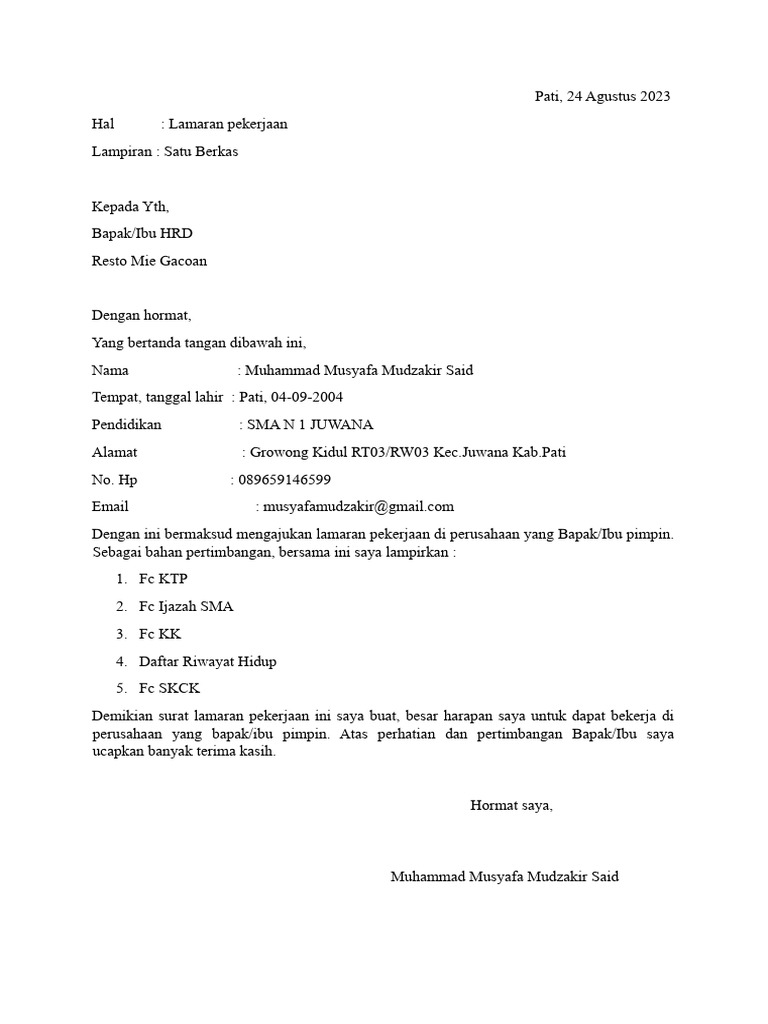 Surat Lamaran Mie Gacoan | PDF