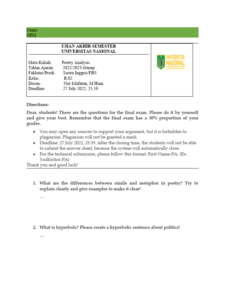 Final Exam-Poetry Analysis | PDF