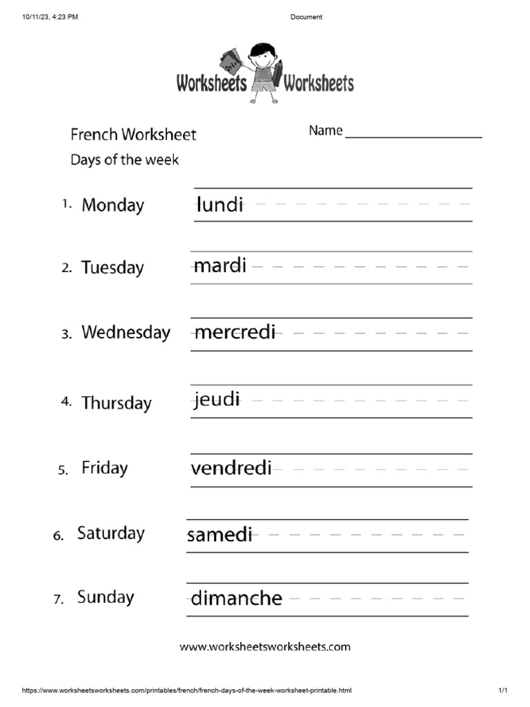 Free Printable French Days of The Week Worksheet | PDF
