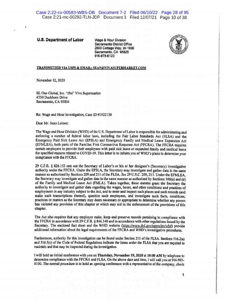 November 2020 DOL Letter To Loloee | PDF