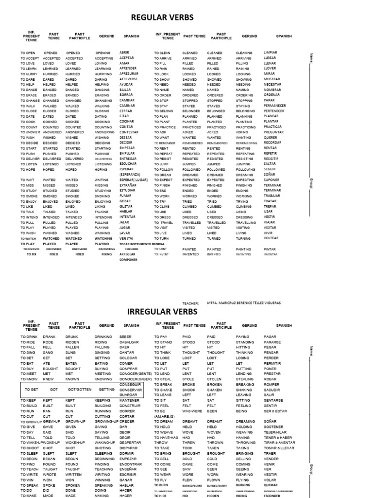 Lista de Verbos Reg-Irreg | PDF | Languages | Foreign Language Studies