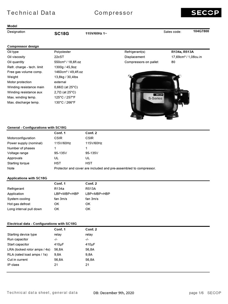 Technical Data Compressor: Model 104G7800 115V/60Hz 1 | PDF | Capacitor | Physical Quantities