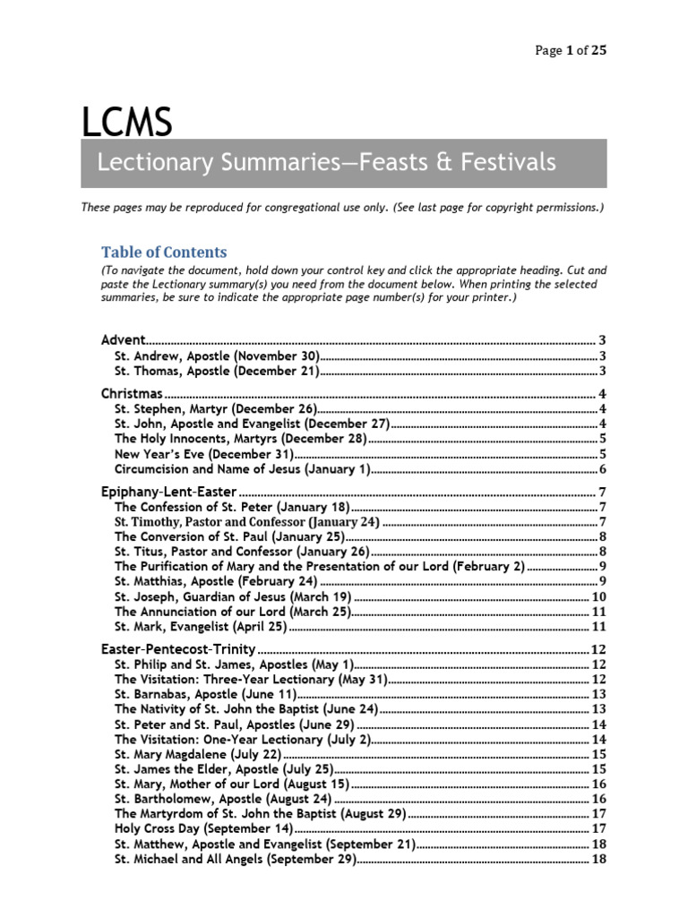 LCMS Lectionary Summaries Feasts Festivals Occasions | PDF | Jesus ...
