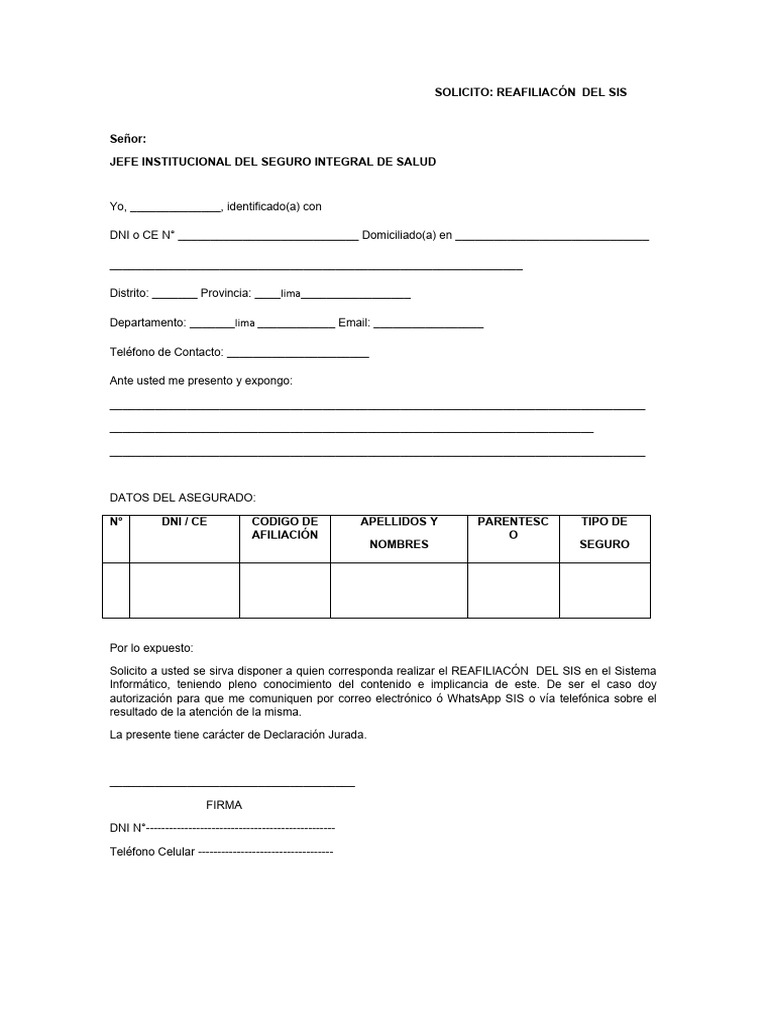 Formato Reafiliación Del Sis | PDF