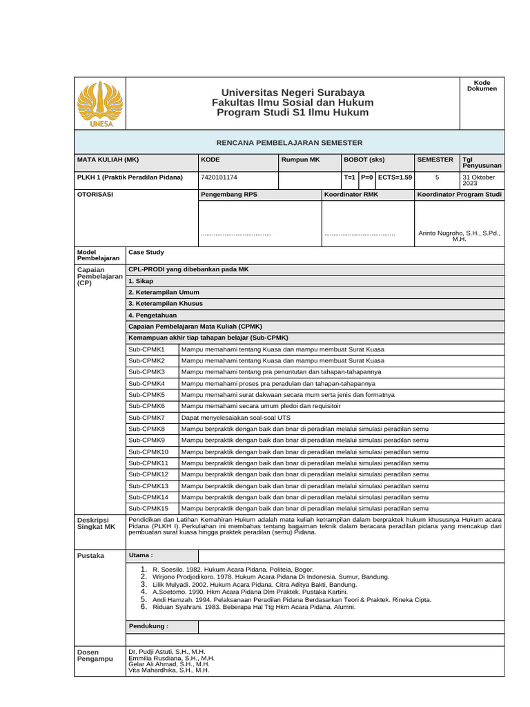 RPS PLKH 1 (Praktik Peradilan Pidana) | PDF