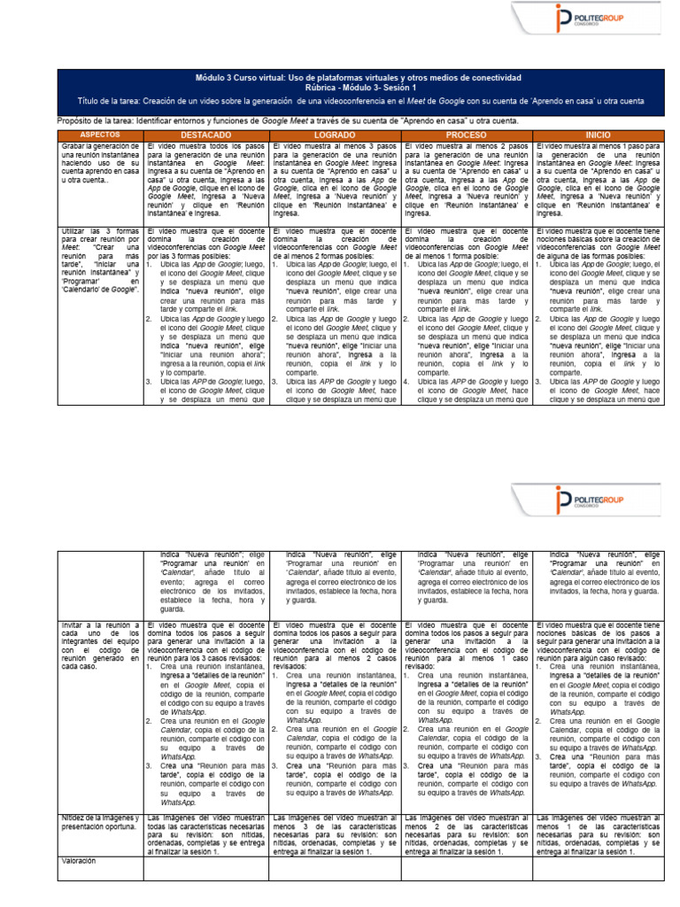Rubrica Tarea M3 - S1 | PDF | Videotelefonía | Informática