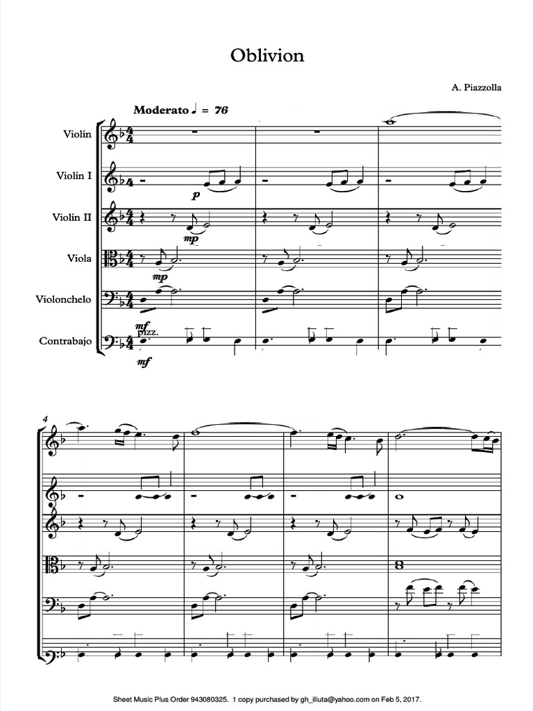 Piazzolla Oblivion For String Orchestra Violin Solo | PDF