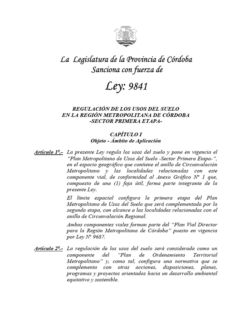Ley 9841 - Regulacion de Usos Del Suelo en Area Metropolitana de ...