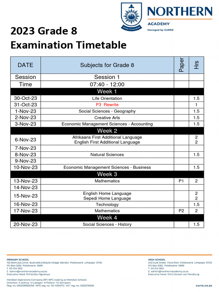 2023 Grade 8 Exam Timetable | PDF